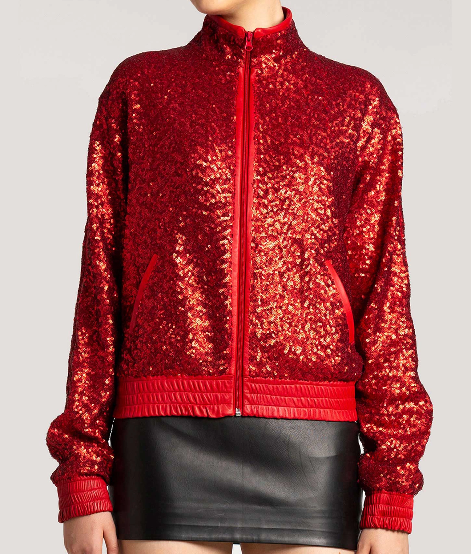 Womens Sequin Bomber Red Jacket