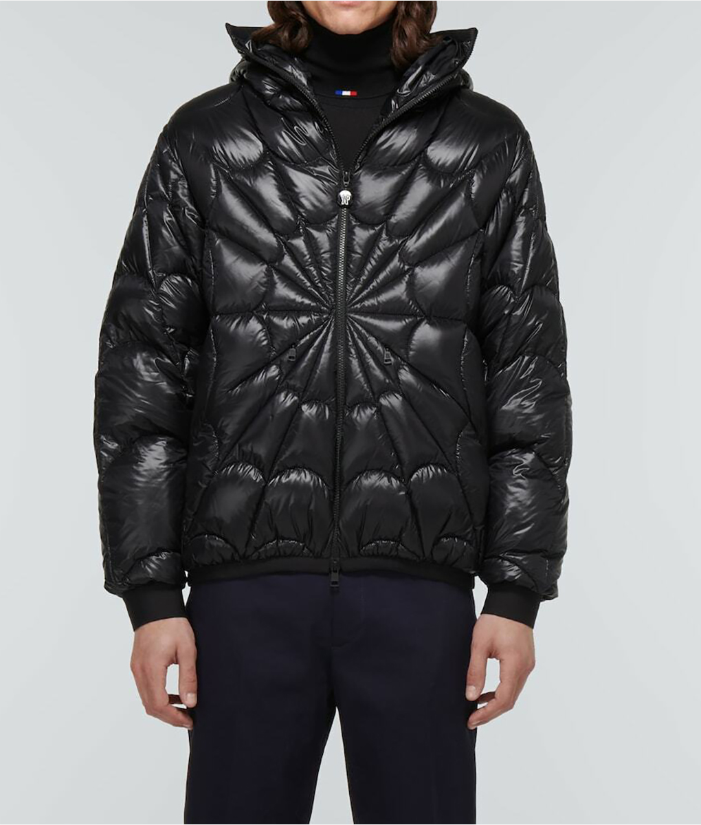 Spider Quilted Puffer Hooded Black Jacket | Lucacci Leather