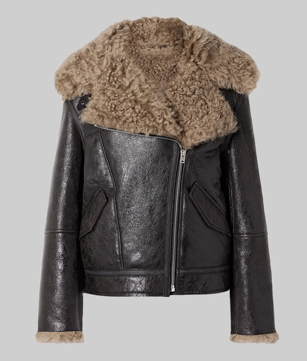 Phoebe Dynevor’s Distressed Leather Shearling Jacket | Lucacci Leather