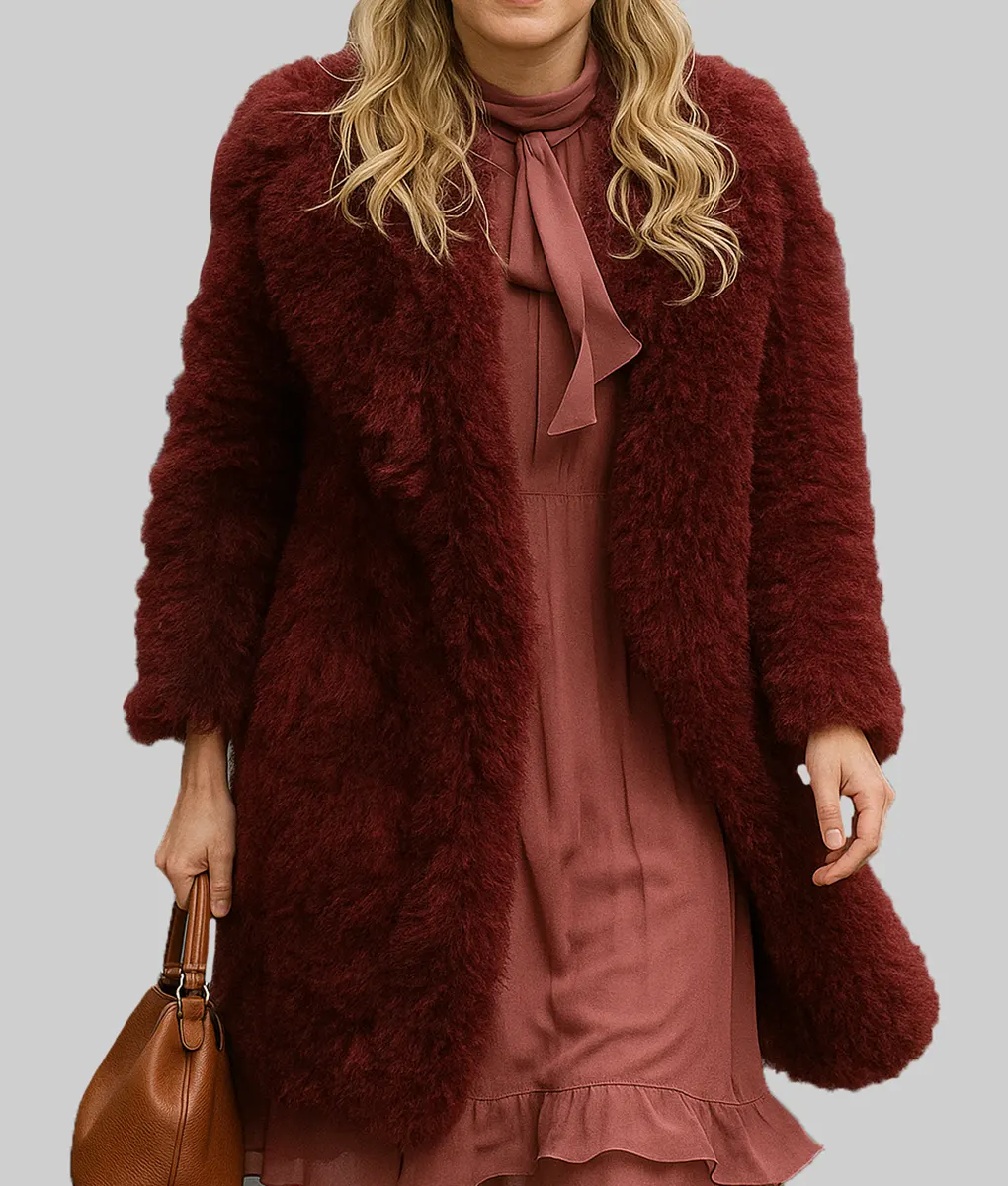 Heidi Klum Maroon Fur Coat | Lucacci Leather